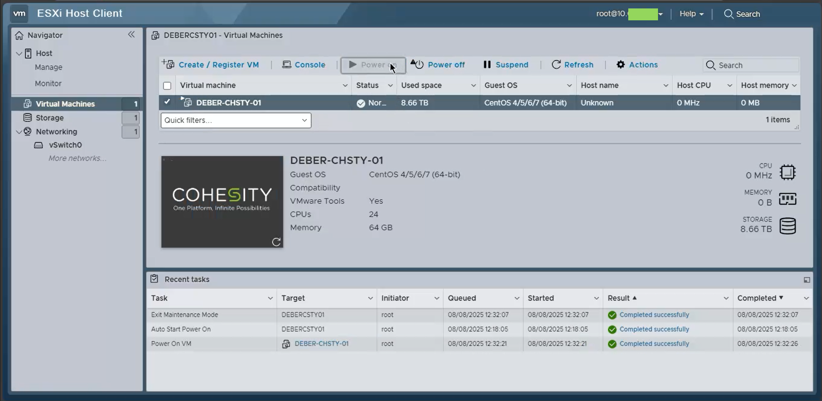 Start-up Cohesity Cluster (Virtual Edition) after graceful Shutdown ...